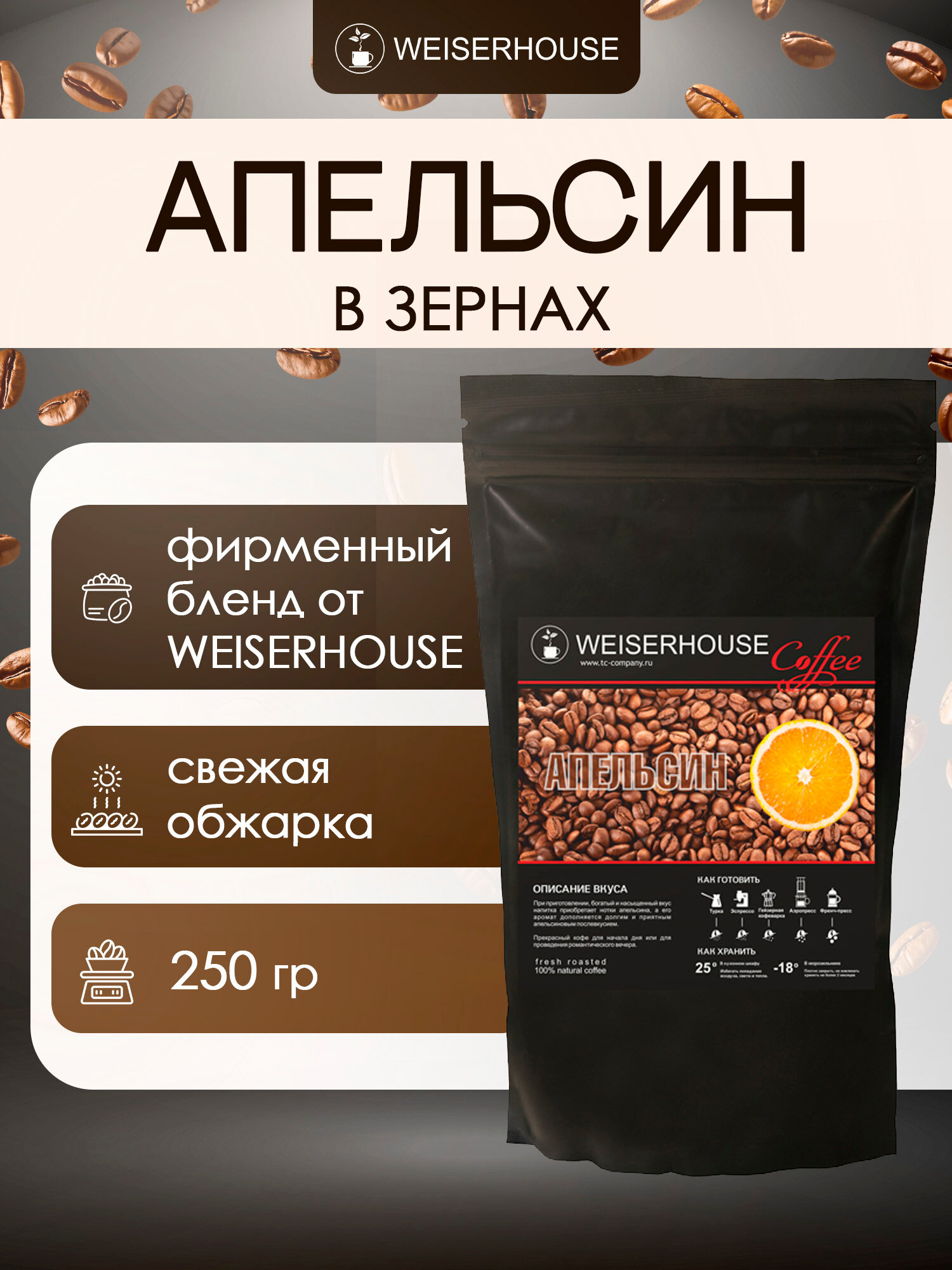 Кофе в зернах "Апельсин" Арабика Робуста средняя обжарка WEISERHOUSE 250 гр.