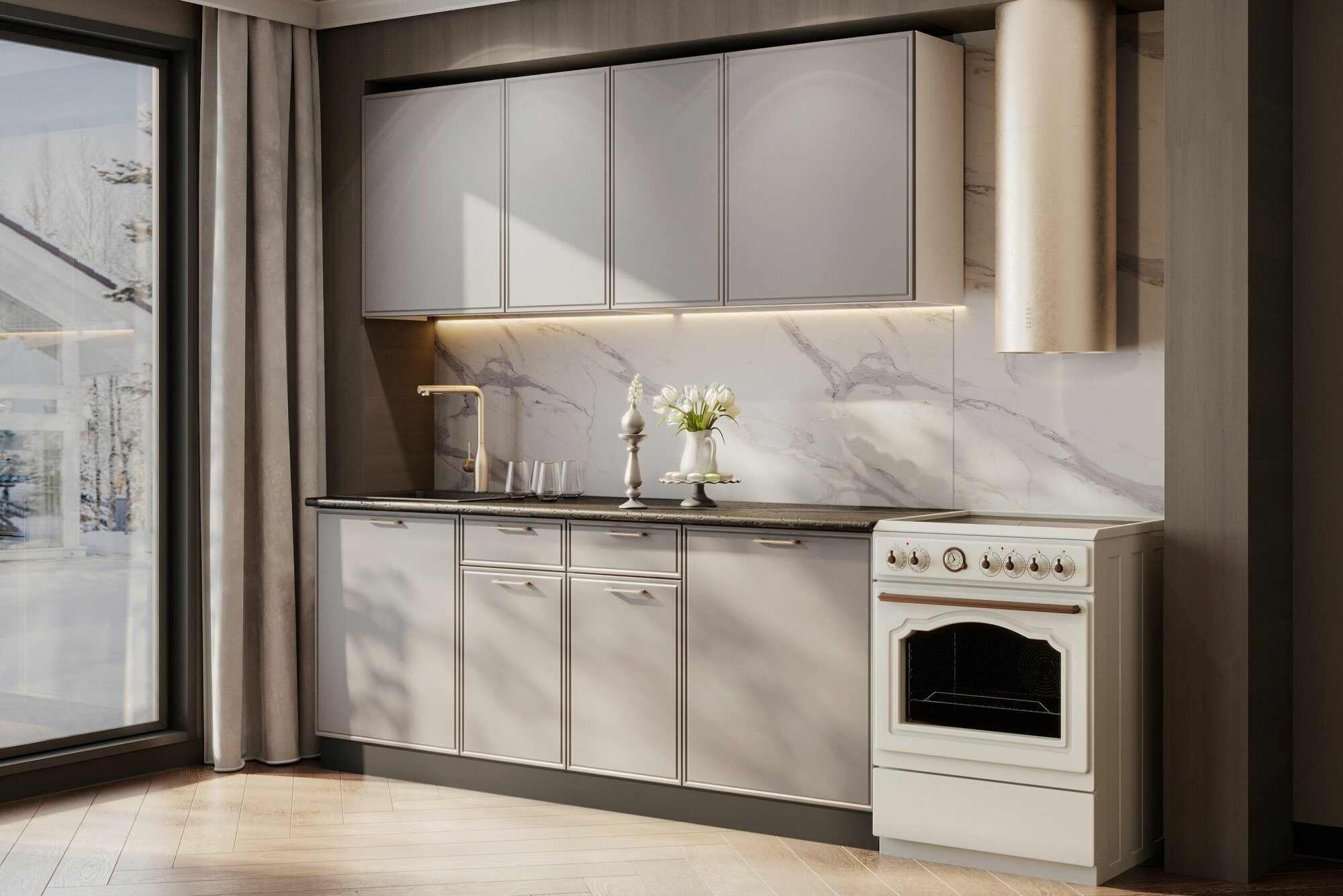 Кухонный гарнитур 2 метра, цвет Белый/Нео/Мраморный берег, со столешницей