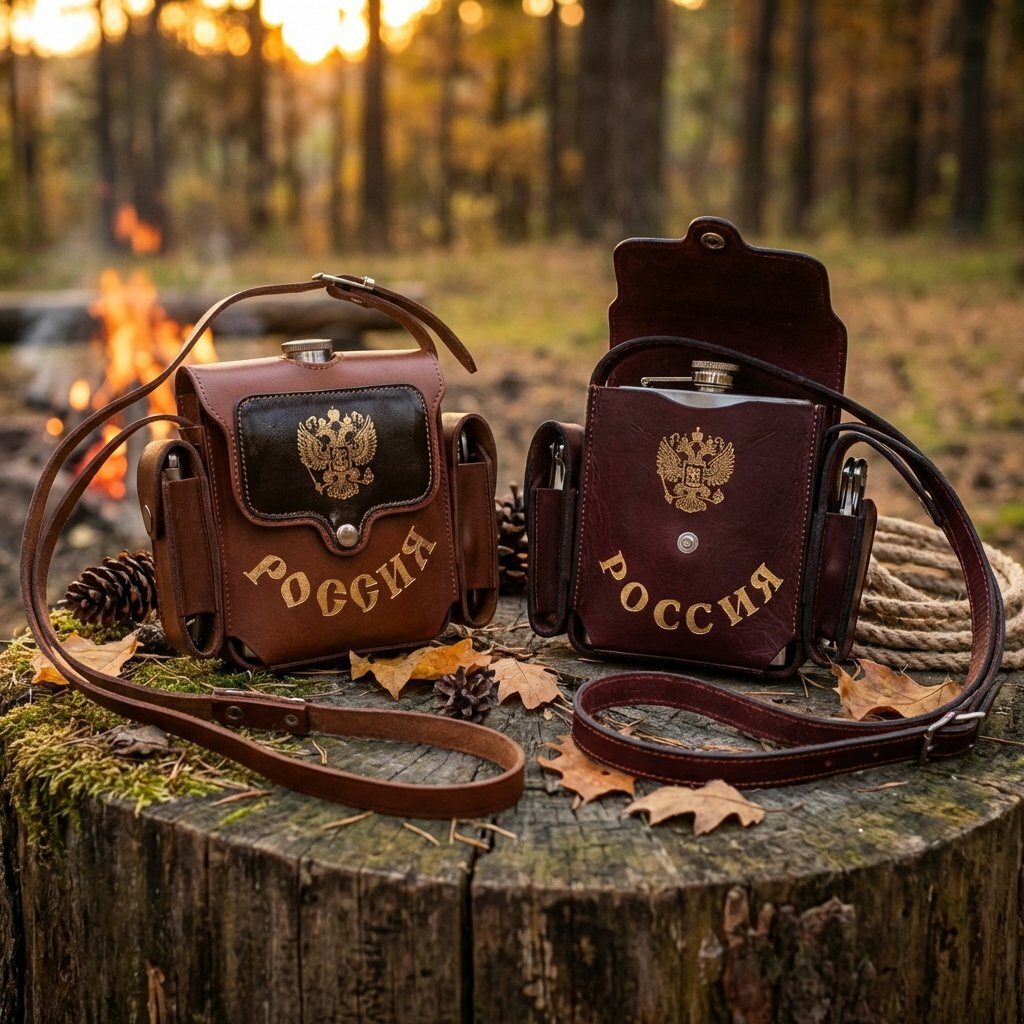 Фляга походная 0,5 л в чехле из натуральной кожи. 503ФК