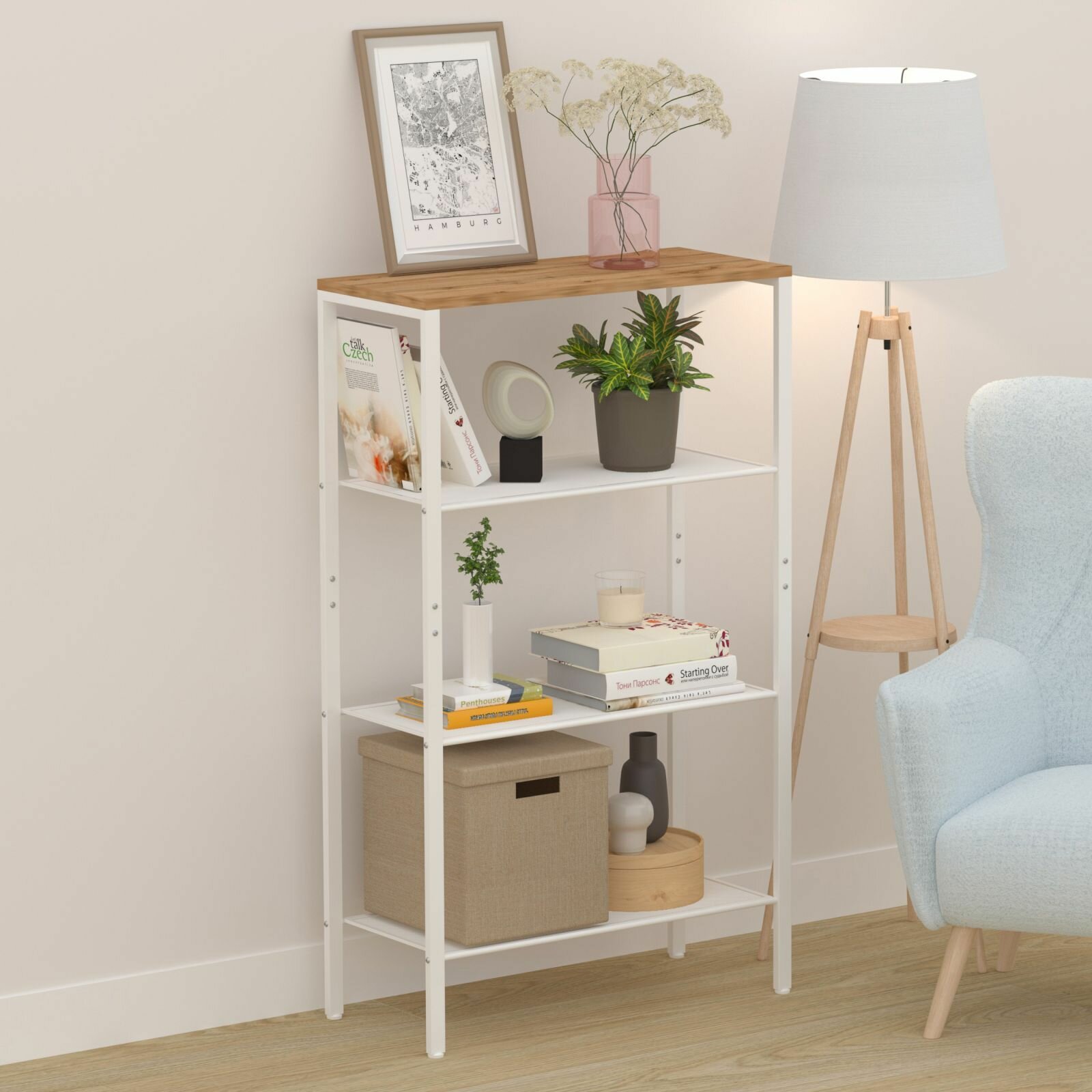 Стеллаж ЗМИ Металлический каркас, 4 полки, размер 0,67х0,3х1,14 м, цвет дерево и белый (СТТ25 Б)