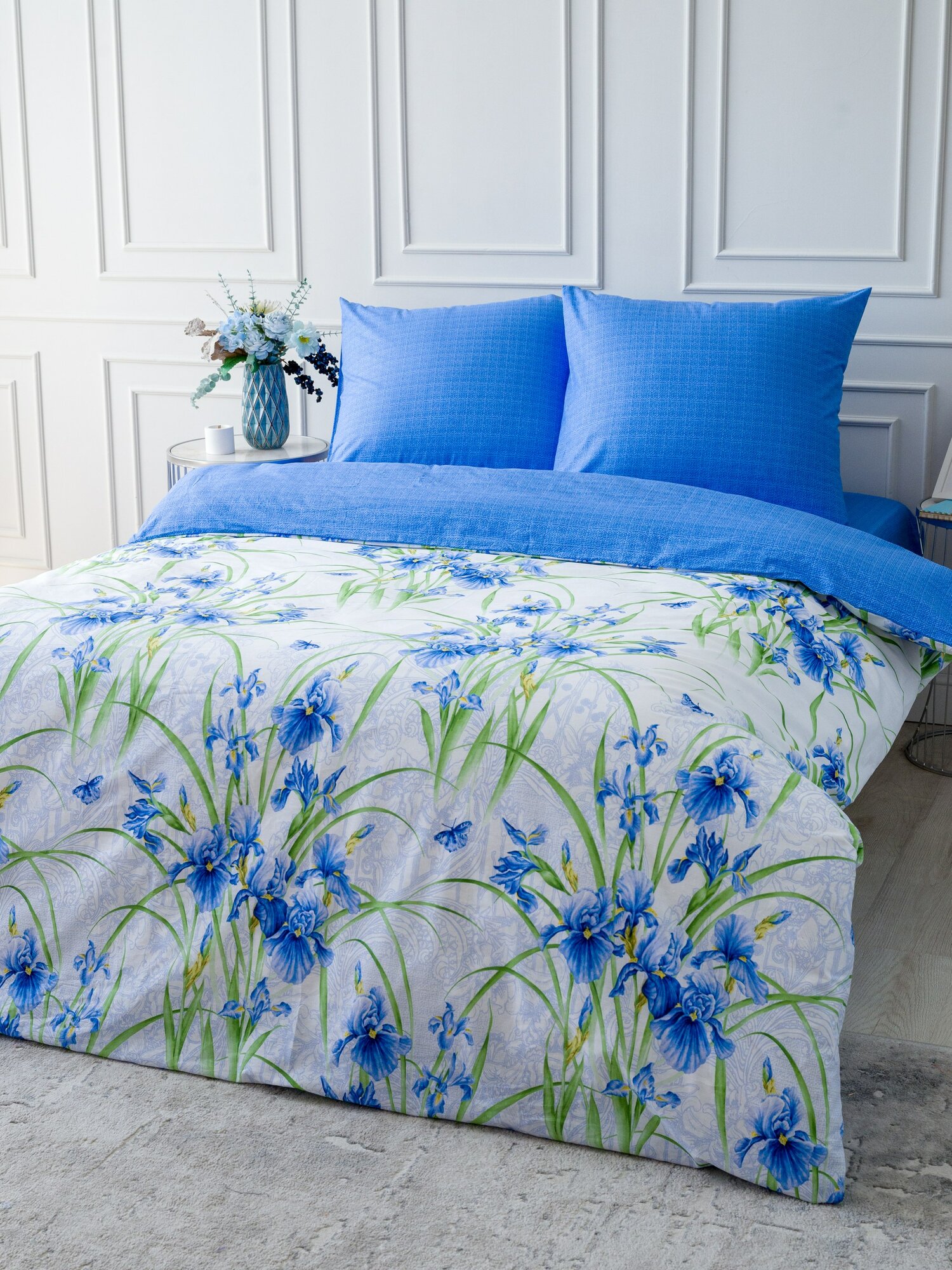 Пододеяльник, 1,5 спальный, на молнии, хлопок 100%, синий, белый