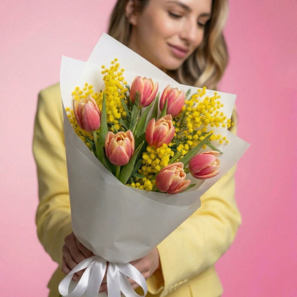 Букет Тюльпанов и Мимозы к 8 марта. Монобукет N3084. Дом цветочной моды леора