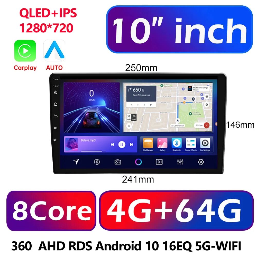 Автомобильное радио 2 DIN 7 9 10 ″ Android Multimedia Player GPS WiFi Auto 10 inch 4G 64G 8Core