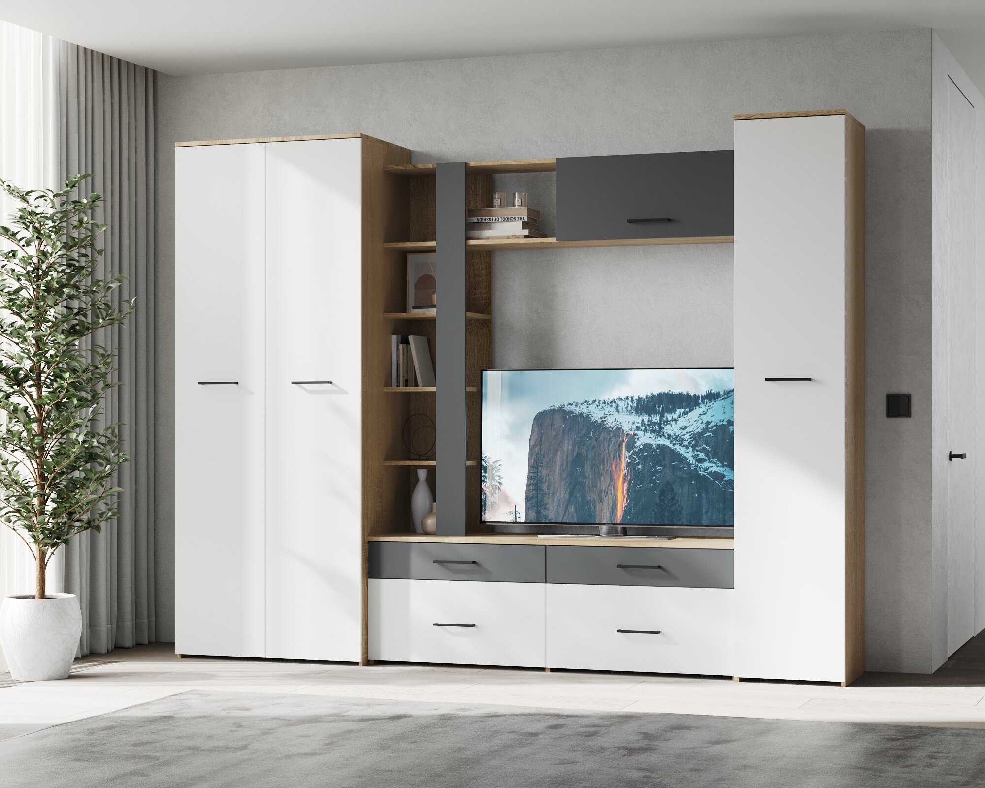 Стенка для гостиной NORD мебель "Амели", дуб сонома/белый/темно-серый, 265x205x52 см