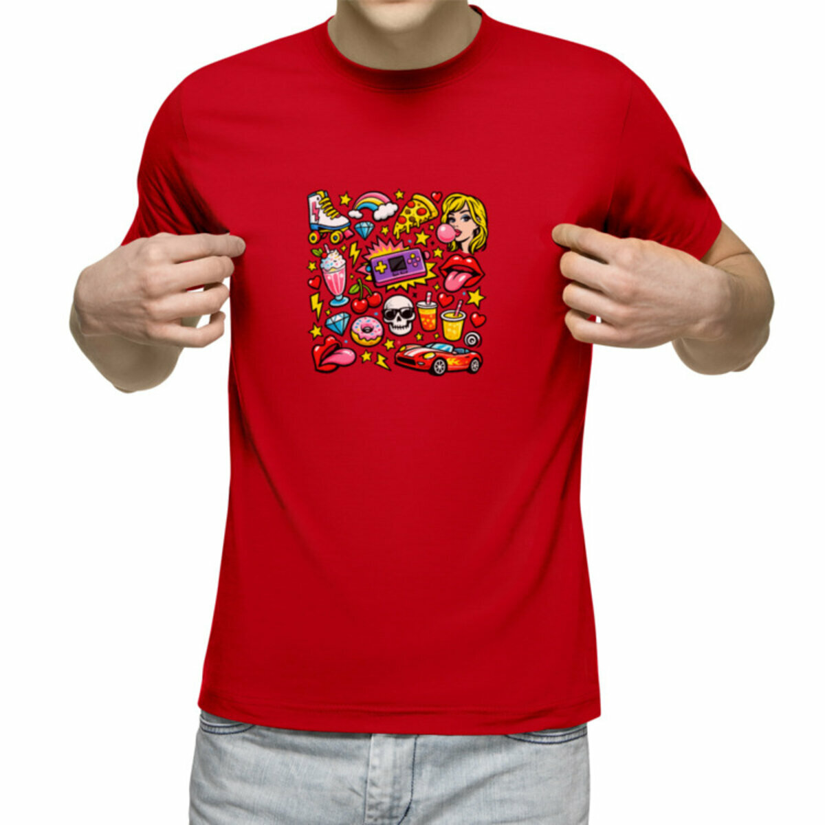 Мужская футболка «Коллаж в стиле ретро 90-х» (красный, 2XL)