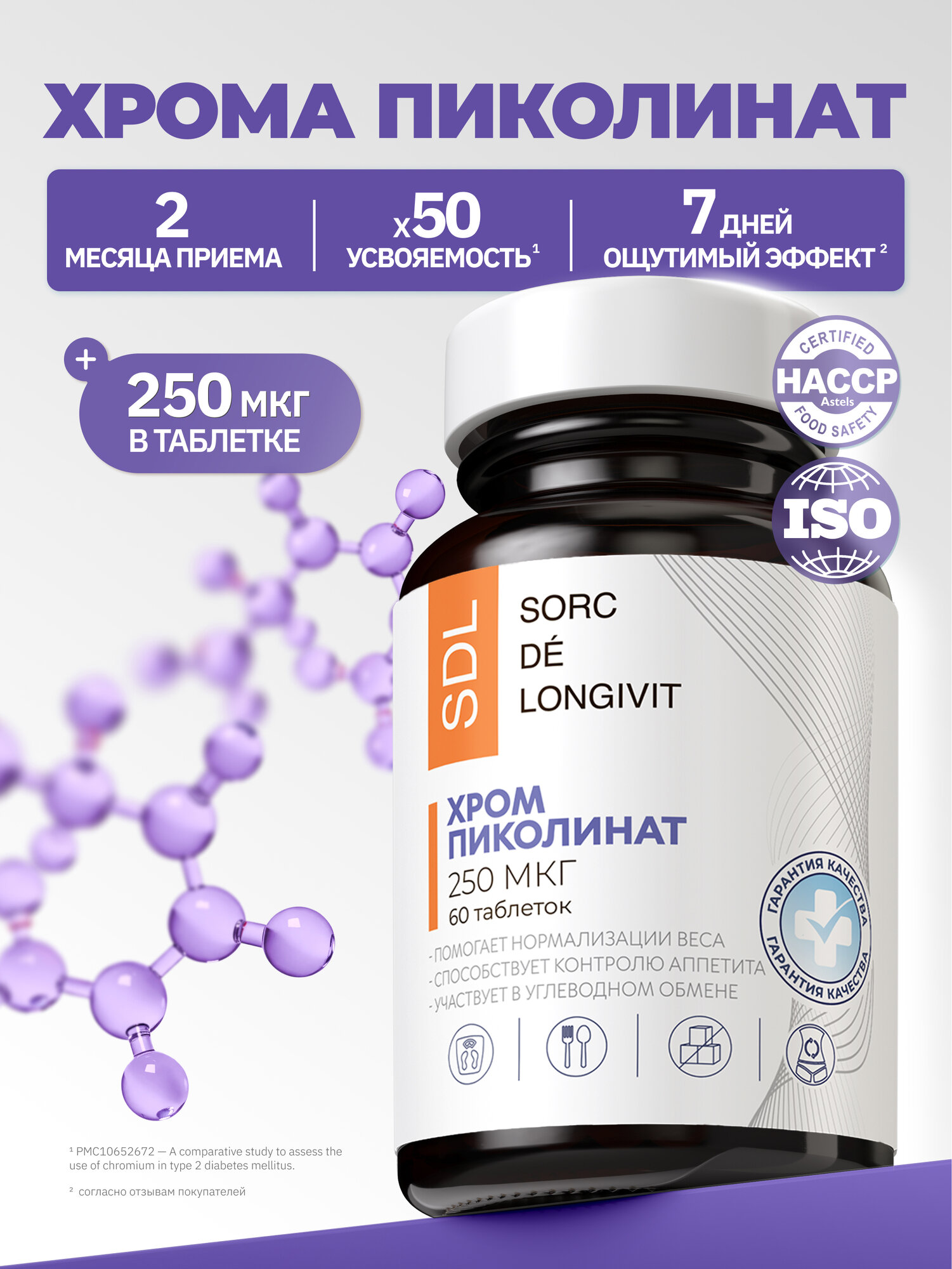 Пиколинат хрома SDL для похудения, жиросжигатель для мужчин и женщин, 250 мг , 60 таблеток