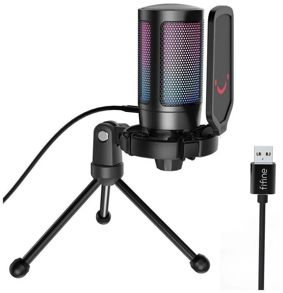 Fifine Микрофон игровой для стриминга, черный, настольный, конденсаторный, с RGB-подсветкой и выходом на наушники