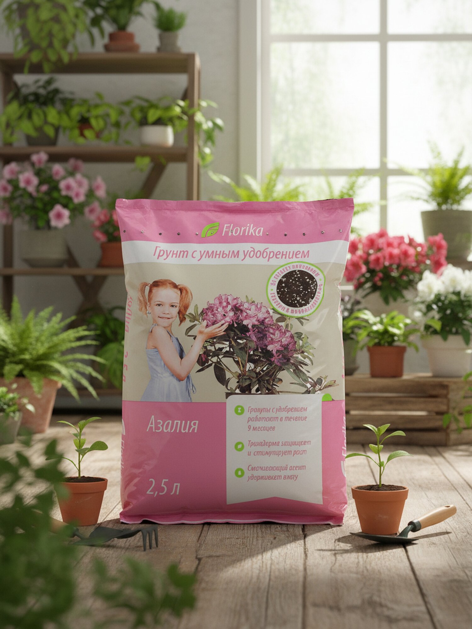 Грунт Флорика Азалия-Камелия 2.5 л, питательный почвогрунт для комнатных цветов и растений, торфяной субстрат с удобрением