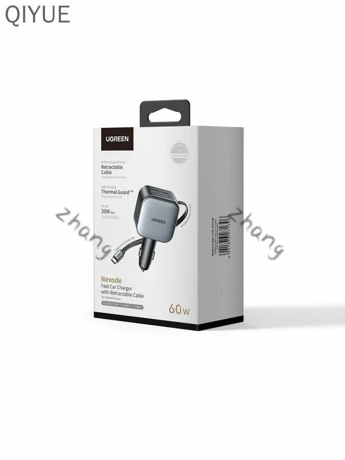 Автомобильное зарядное устройство UGREEN EC602 (55212B) 60W с выдвижным кабелем USB-C. Цвет: металлик