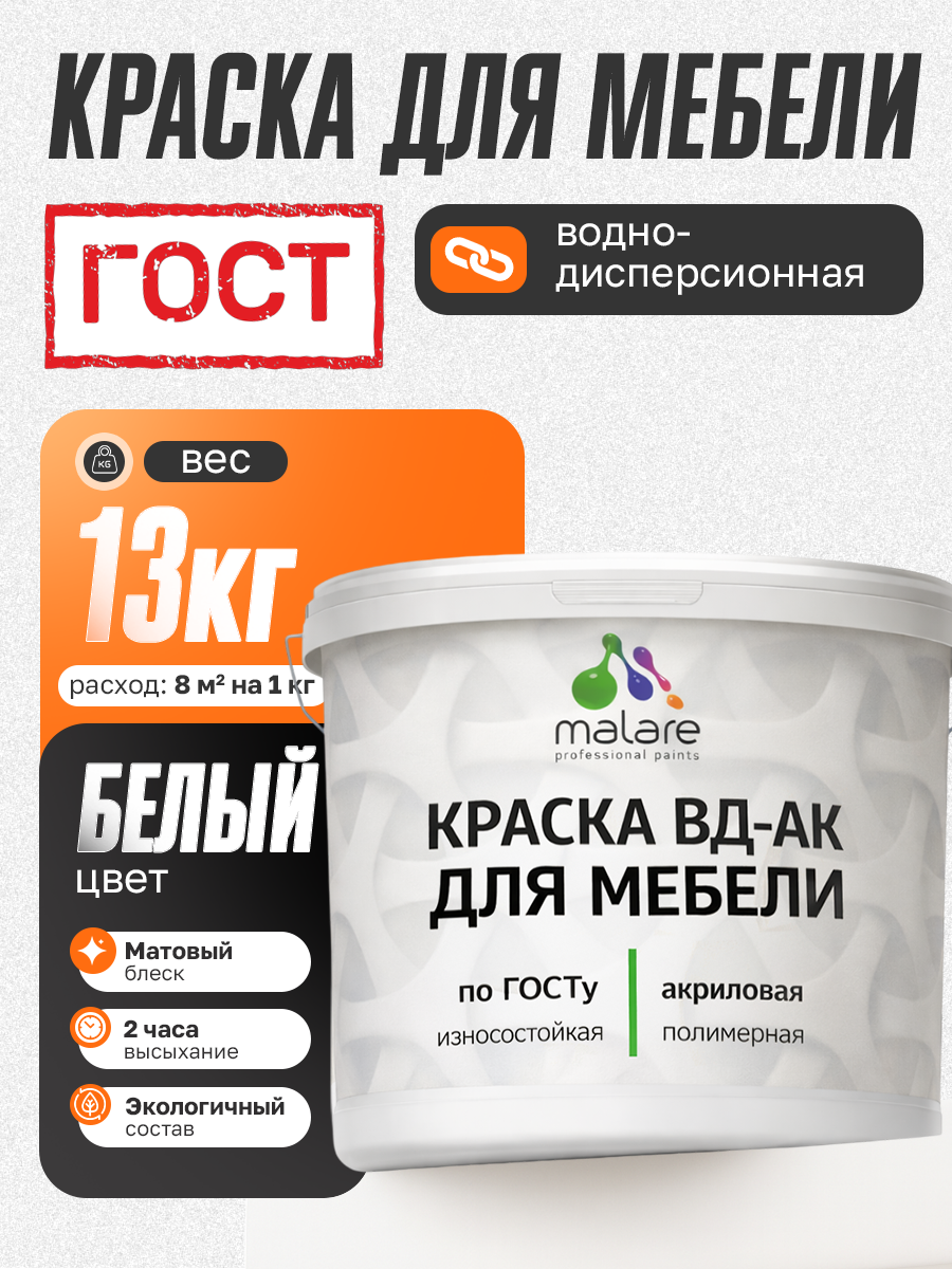 Краска для мебели акриловая Malare ГОСТ ВД-АК, матовая, белая 13 кг