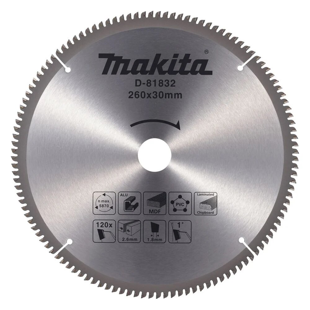 Пильный диск универсальный Makita для алюминия/дерева/пластика, 260x30x2.6/1.8x120T D-81832