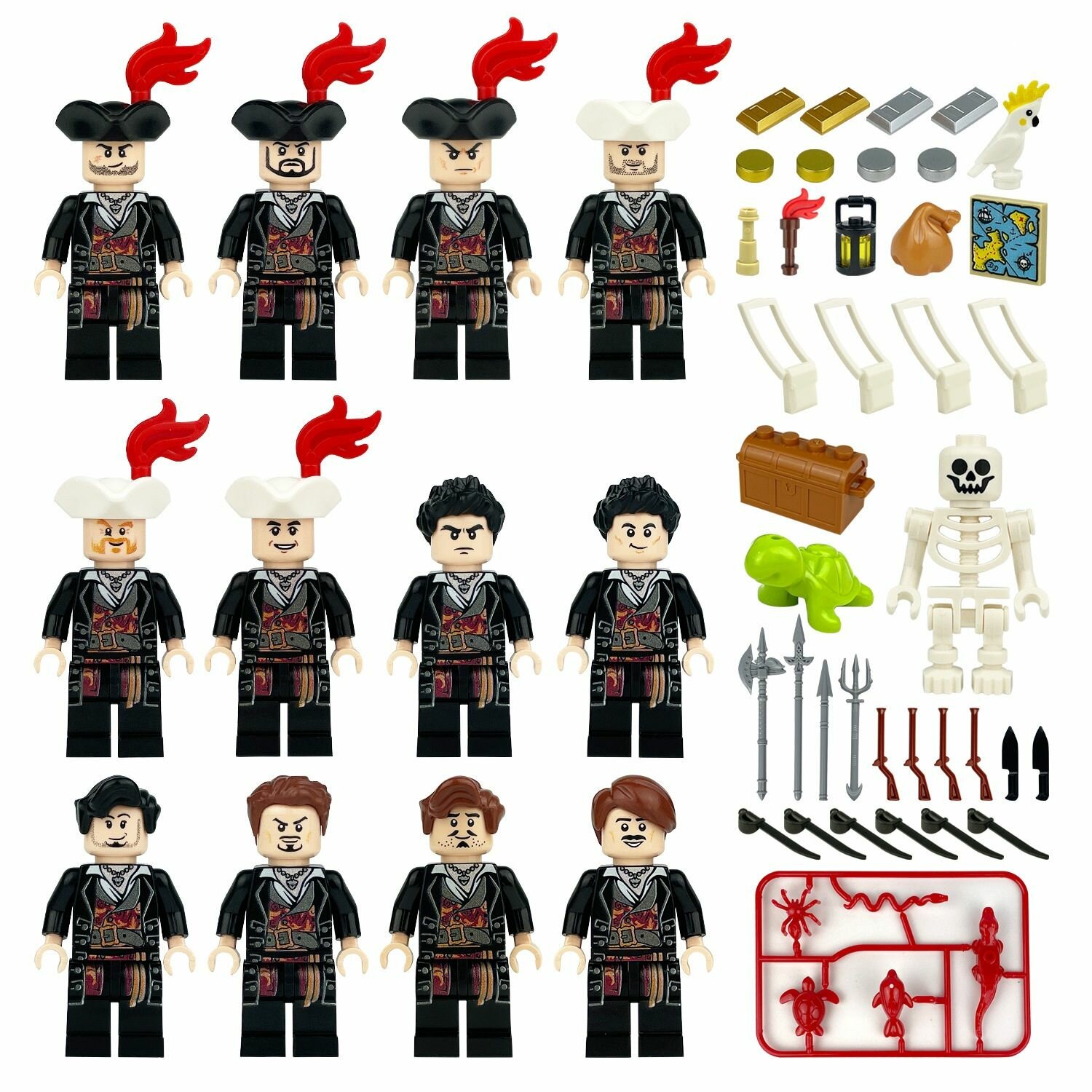 Набор минифигурок Пиратский экипаж Барбосса / Пираты Карибского моря / сундук, скелет, с оружием и аксессуарами совместимы с конструкторами лего 12шт (4.5см, пакет) M8225