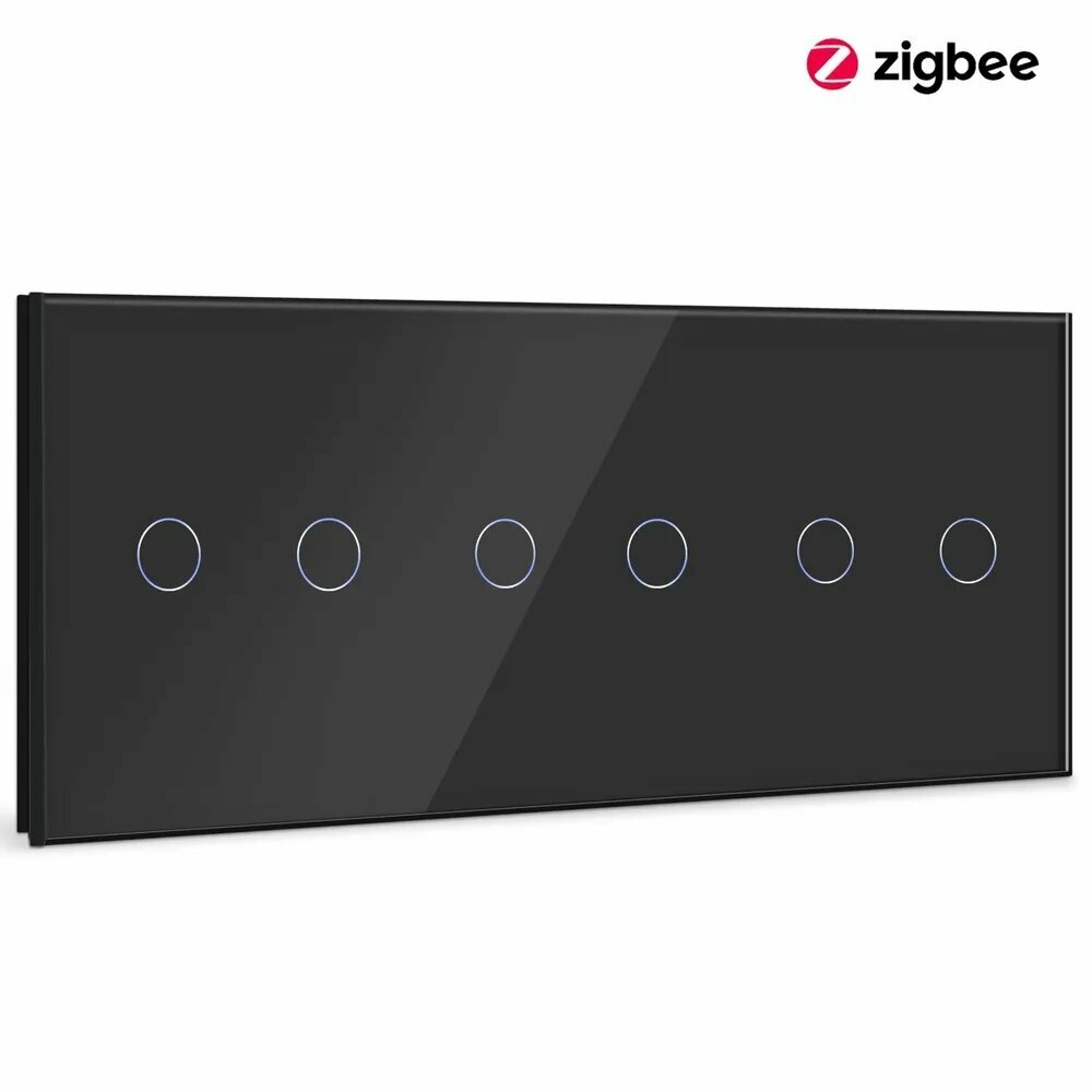 Сенсорный выключатель 6 клавиши, умный Zigbee выключатель, 3 поста (2+2+2) , голосовое управление, панель стекло Черная, 228mm