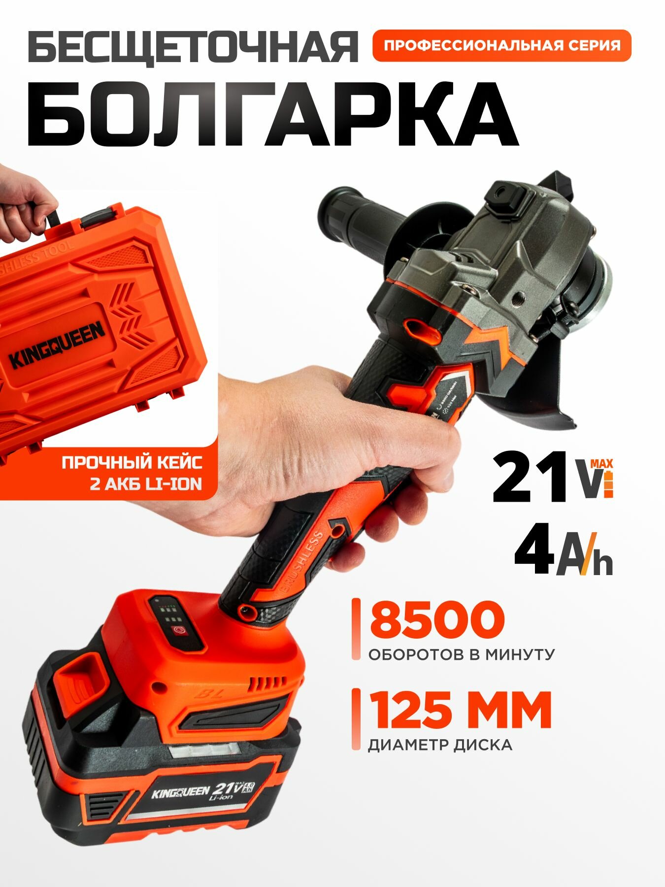 Болгарка аккумуляторная с регулировкой оборотов / Угловая шлифовальная машина бесщеточная 125 мм, 8500 об. мин УШМ