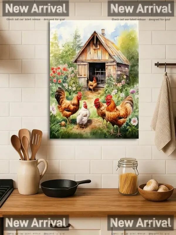 Картина "Картина на холсте с курами и сараем 45 х 60" 45x60 см