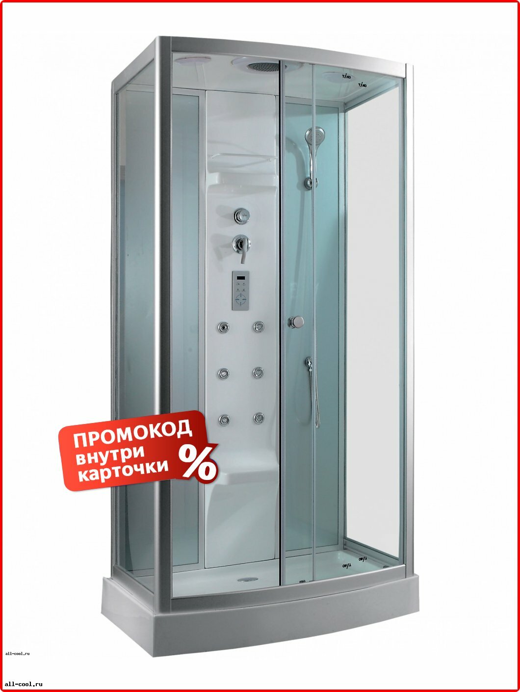 Душевая кабина Timo Ernesto 110x95 низкий поддон, прямоугольная, белый, гидромассаж, подсветка, сиденье