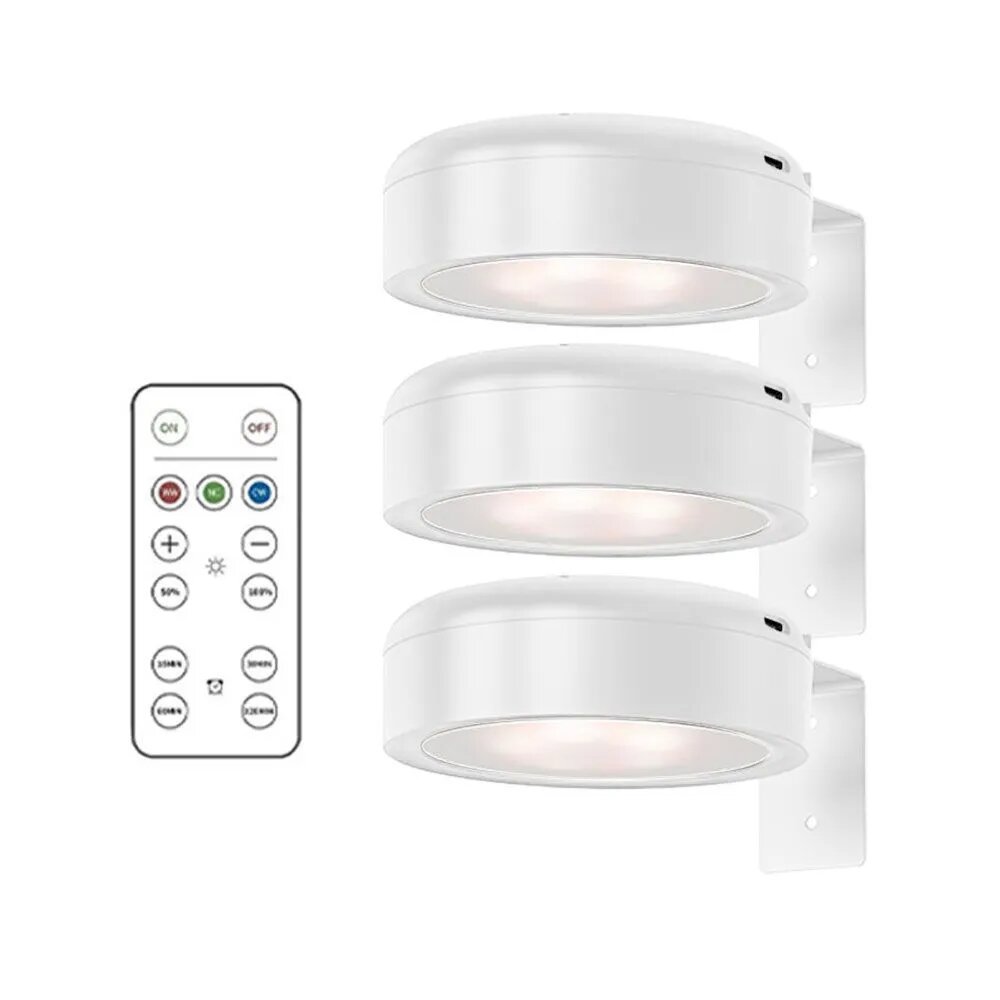 Настенный светильник для ванной с пультом ДУ 3 шт. Белый корпус, теплый свет.
