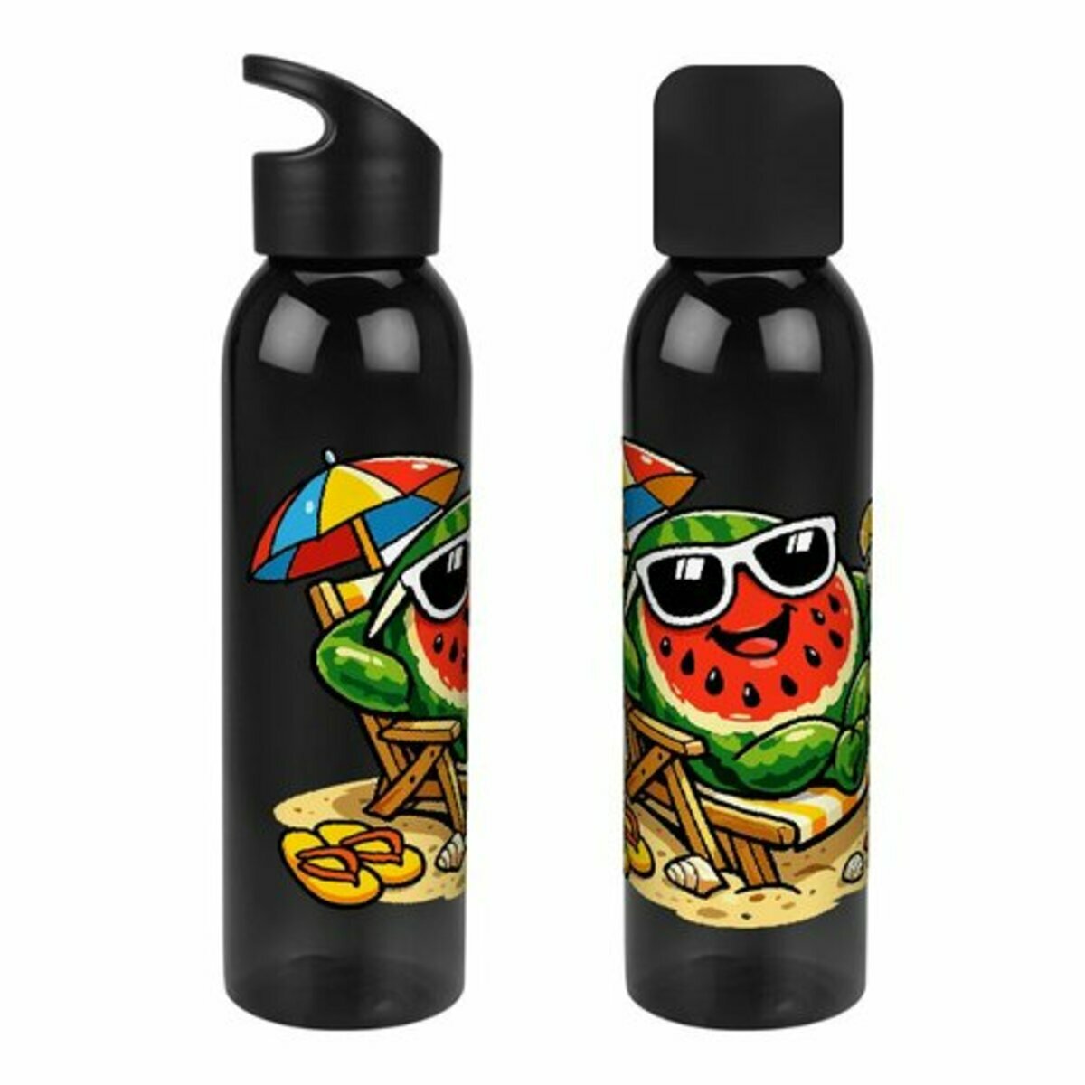 Бутылка для воды «Арбуз в очках на шезлонге с коктейлем» (черный)