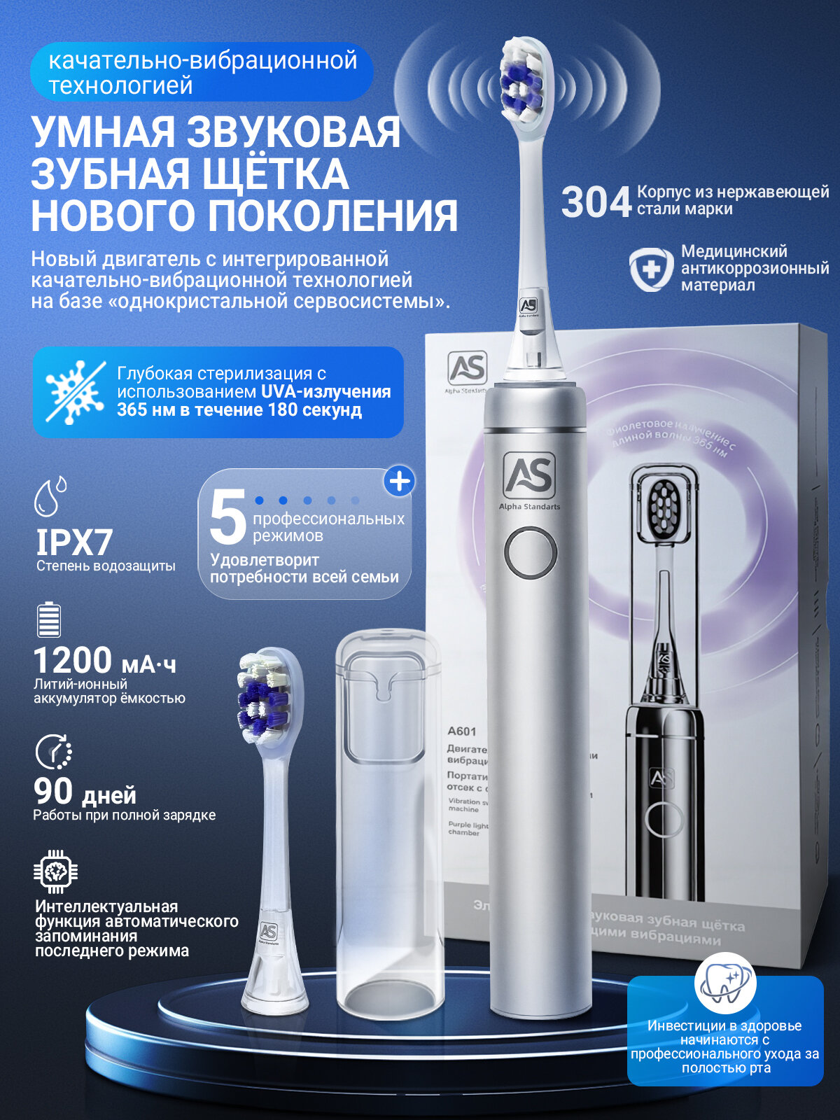 Электрическая зубная щетка /Умная звуковая зубная щетка/УФ-стерилизатор в подарок/Корпус из нержавеющей стали 304/Технология Swing-Vibration для чистоты на 300% лучше