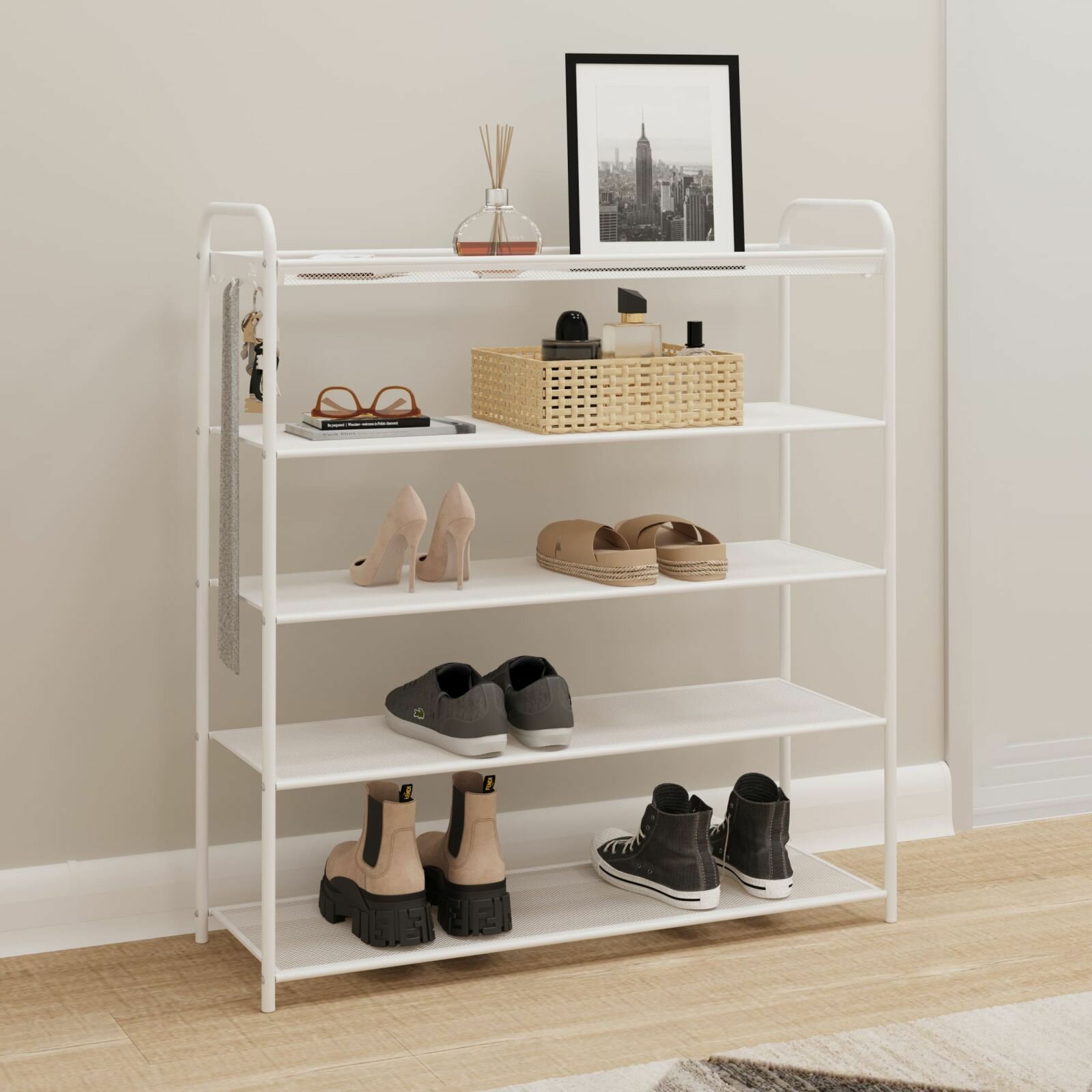 Этажерка для обуви ЗМИ Металлический каркас, 5 полок, размер 0,87х0,95х0,3 м, белый цвет (ПДОВ35)