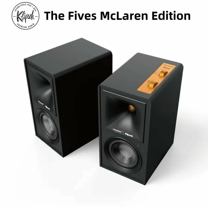 Высококачественная активная мониторная акустическая система Klipsch The Fives McLaren поддерживает высокое качество звука, HDMI/ARC, несколько подключений, Bluetooth 5.0, Черный/оранжевый