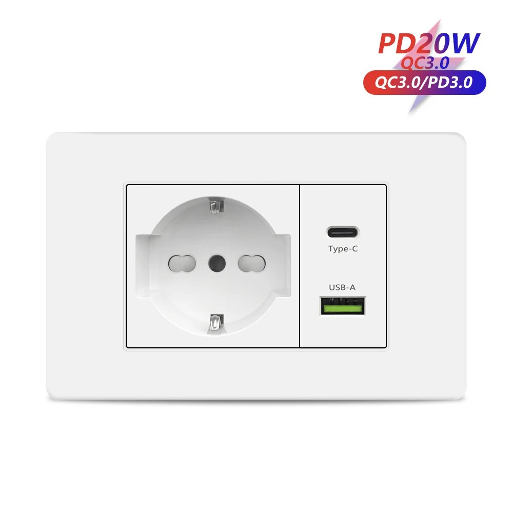 Белая розетка Schuko AC 20W с USB Type-C