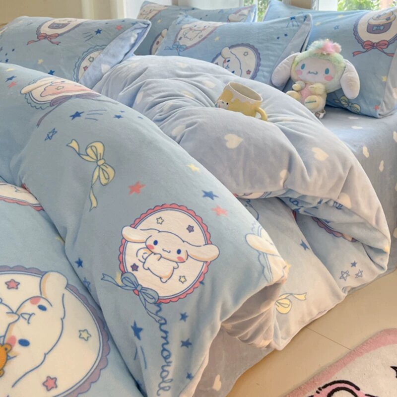 Зимний комплект постельного белья Hello Kitty из молочного вельвета, четыре предмета, утолщенный коралловый вельвет,