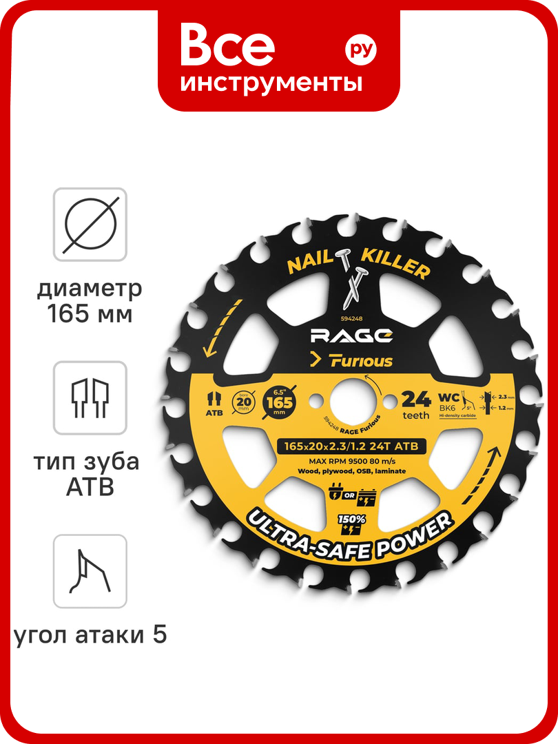 Диск пильный RAGE Furious Wood&Nails 165 мм 24 зуба посадка 20 мм + кольцо 16 мм 594248