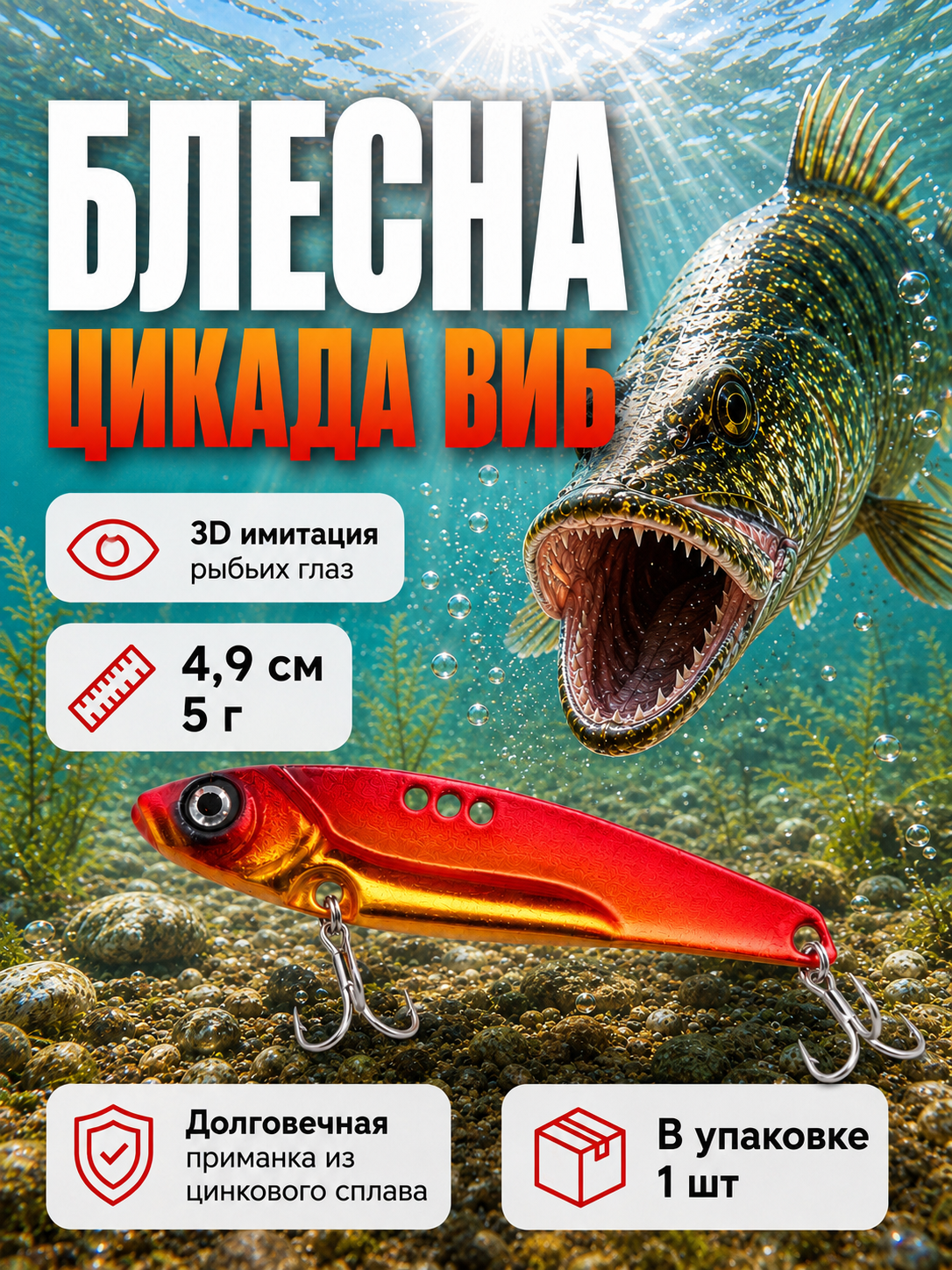 Рыболовная металлическая вибрационная виб-приманка VIB, блесна цикада, тонущая для дальнего заброса, для морской и пресноводной рыбалки 4,9 см/5 г, золотисто-красная