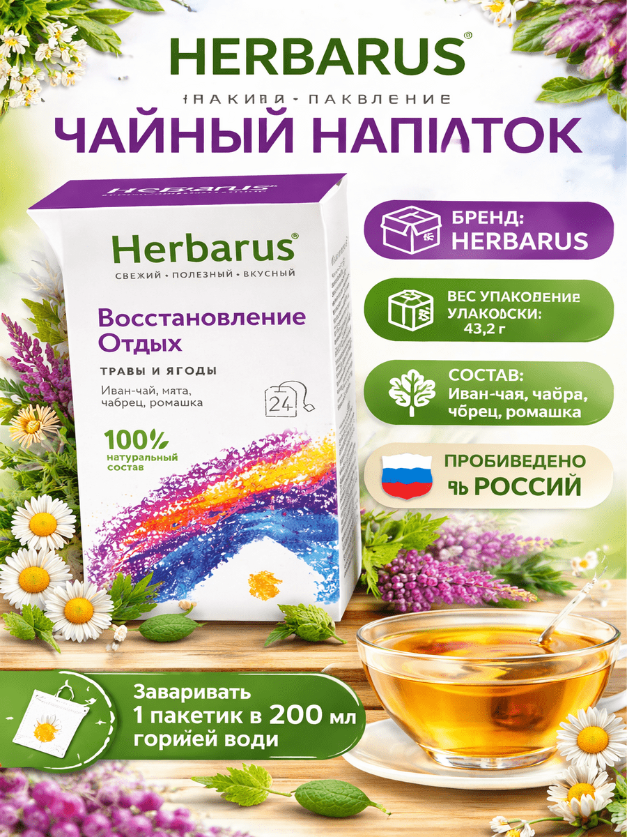 Напиток чайный Herbarus Восстановление и отдых (1.8г x 24шт), 43,2г