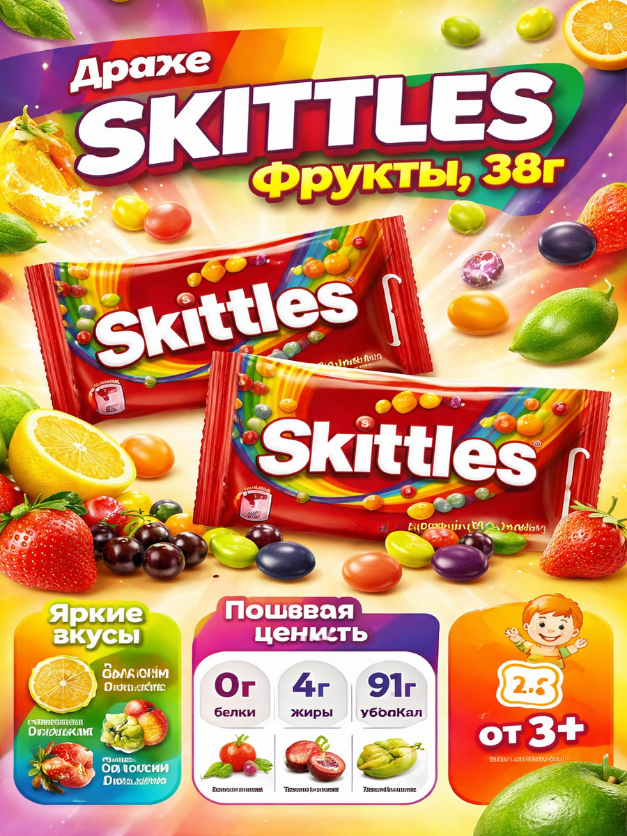 Драже Skittles фрукты, 38г x 2 упаковки