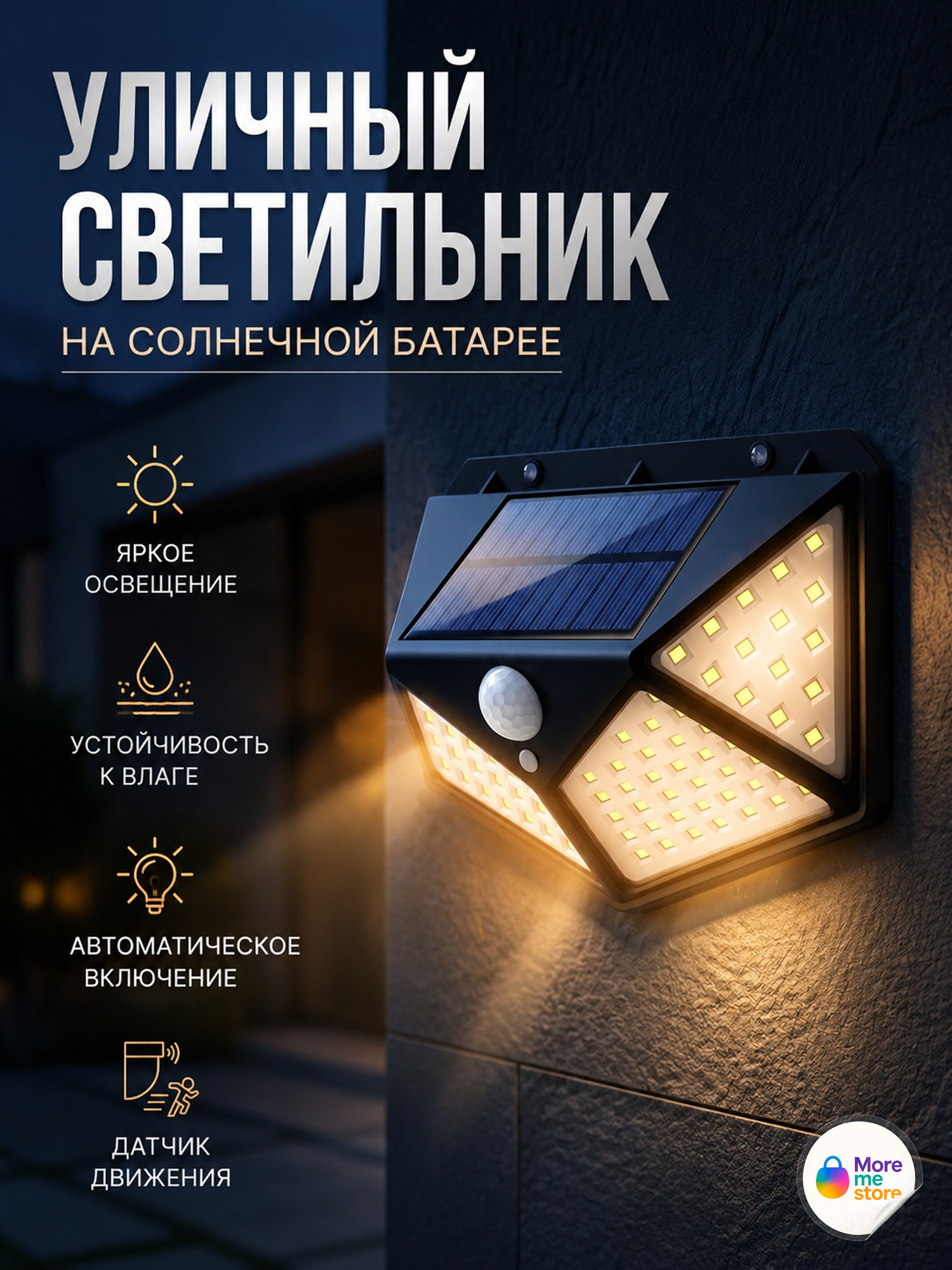 Уличный светодиодный фонарь на солнечной батарее, светильник с датчиком движения, на стену дома, прожектор 100 LED
