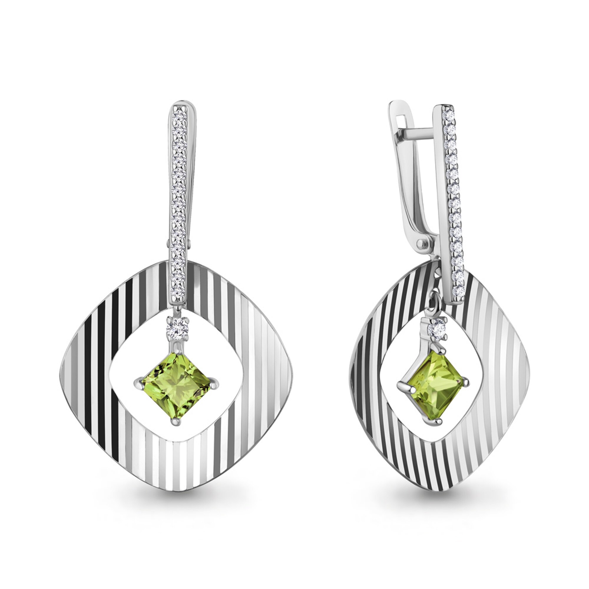 Серьги, серебро, 925 проба, родирование, фианит, хризолит