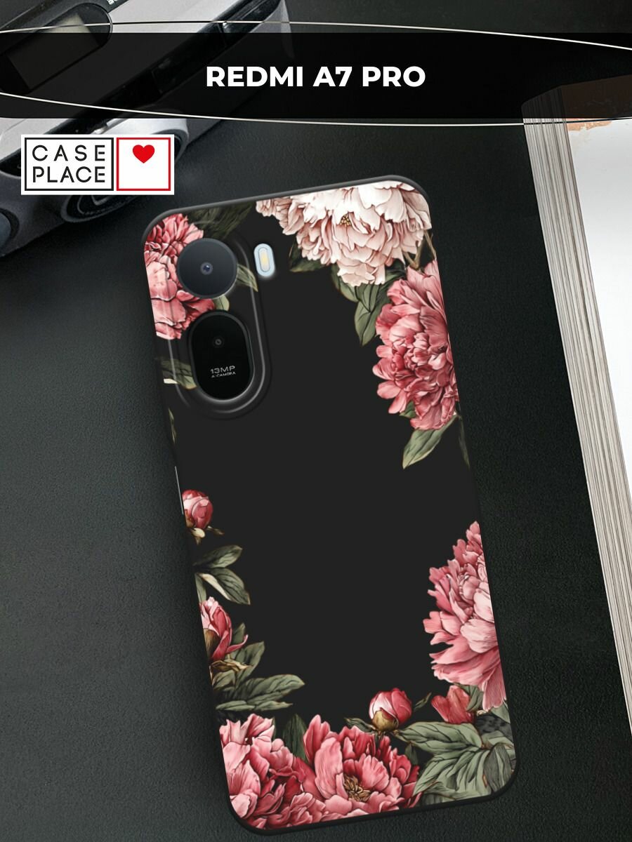 Черный матовый чехол на Xiaomi Redmi A7 Pro / Сяоми Редми A7 Про с принтом Розовая рамка пионов