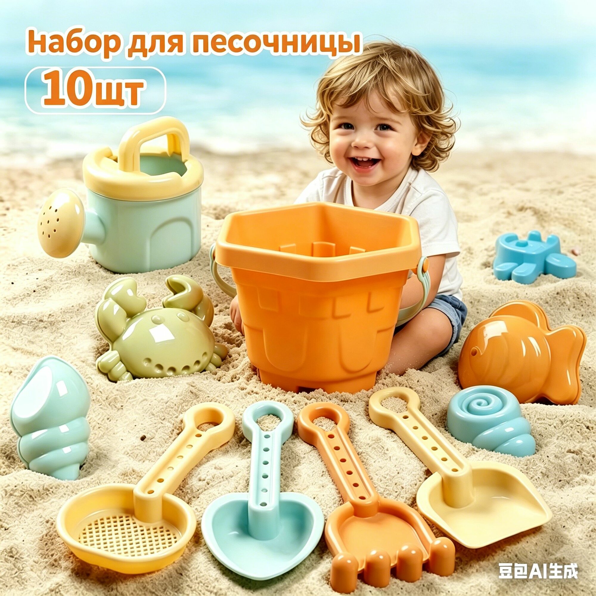 Набор для детской песочницы из 10 предметов, ведерко для детских пляжных игрушек (для мальчиков, для девочек)