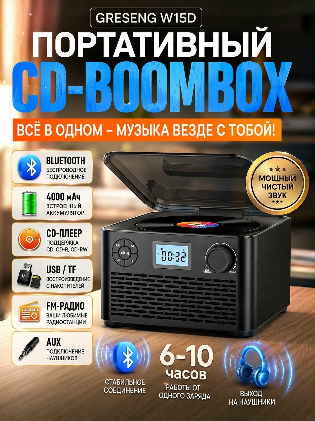 Проигрыватель дисков GRESENG W15D, портативный, радио, USB, 15 Вт