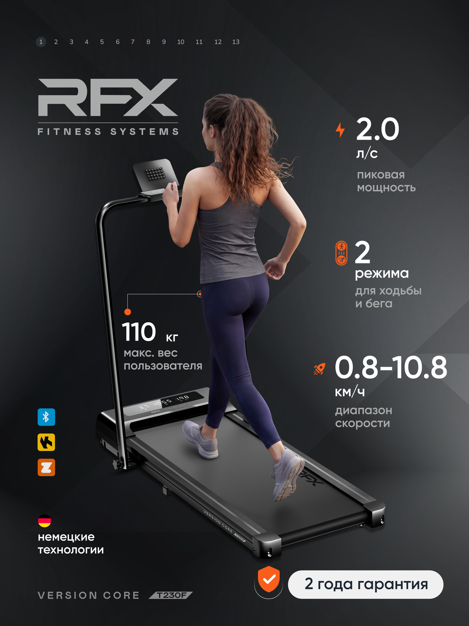 Ультракомпактная беговая дорожка RFX T230F 2-в-1 до 110 кг