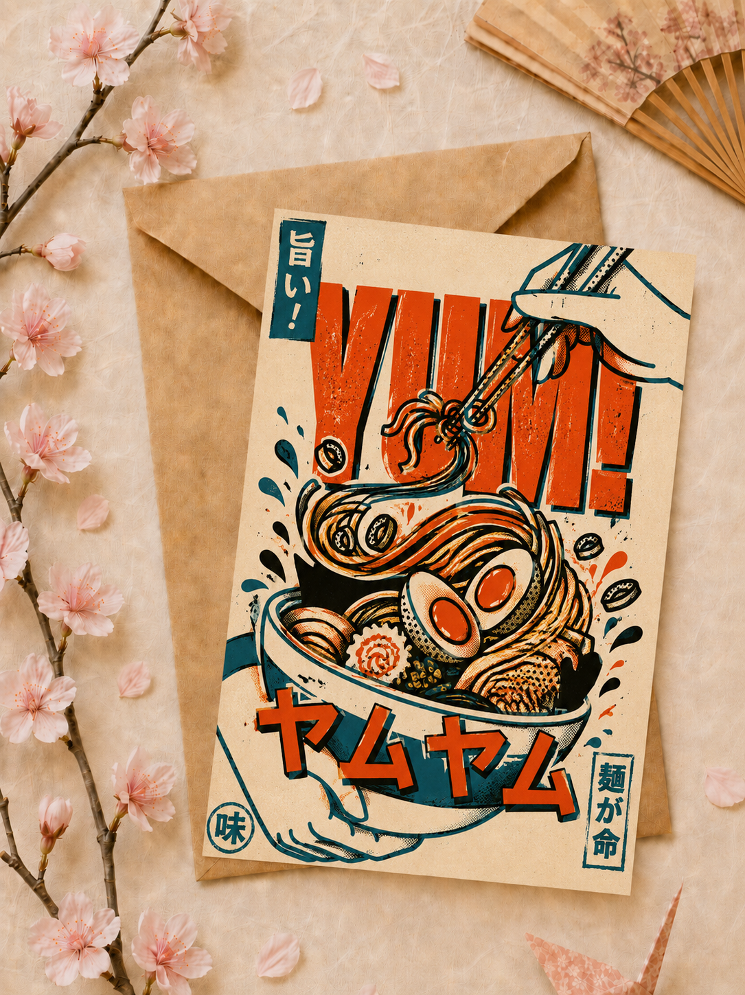 Открытка в японском стиле «Yum Ramen», яркая открытка с раменом 10×15 см с крафт-конвертом