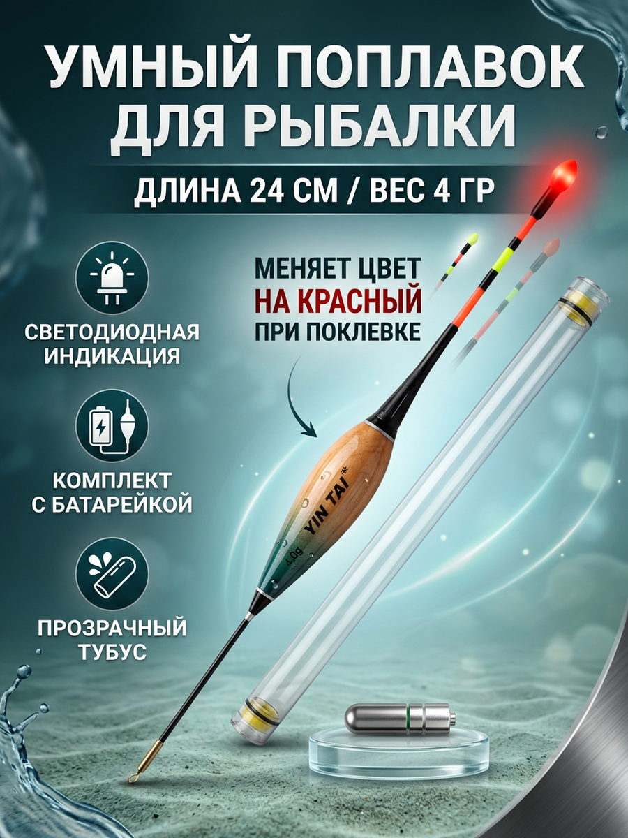 Поплавок херабуна на карася со световым индикатором поклевки для ночной ловли 4грамма 24 см /Поплавок для ночной рыбалки