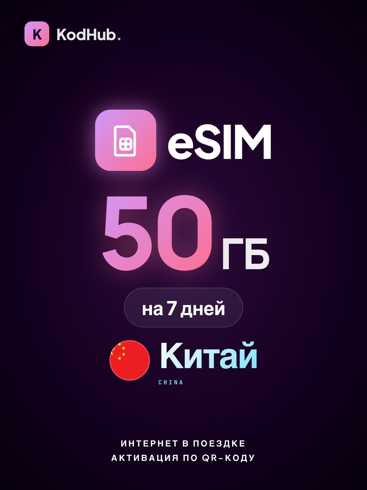 Туристическая eSIM Китай 50 ГБ на 7 дней | интернет в поездке, связь за границей | QR-код активации