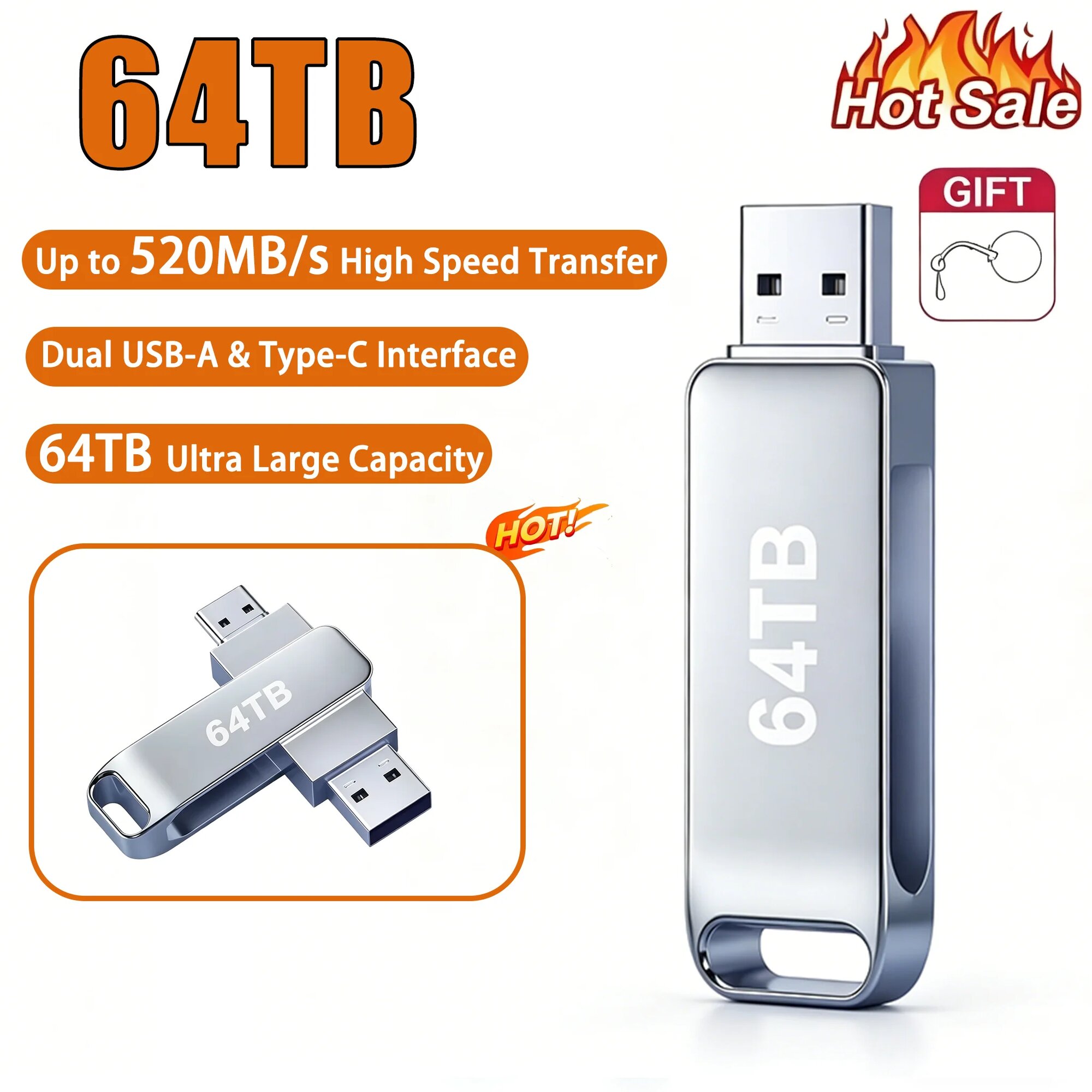 USB 3.2 флеш-накопитель 16 ТБ металлический водонепроницаемый Silver-2TB