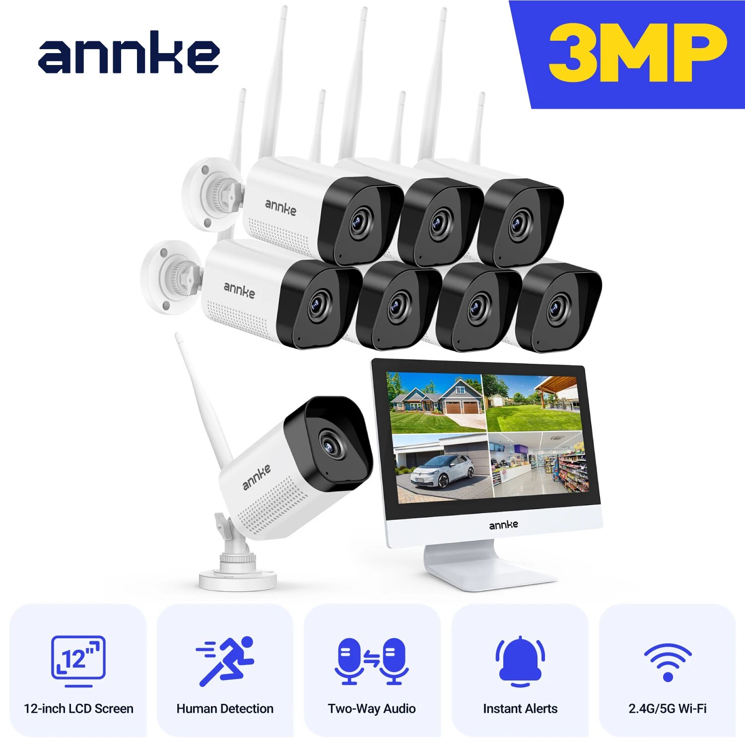 Система беспроводных камер безопасности Annke 8MP с Wi-Fi, 12-дюймовый ЖК-дисплей, 2.4G, 5.8G, 4K, двухсторонний звук, ИК-ночное видение, внешняя Wi-Fi-камера