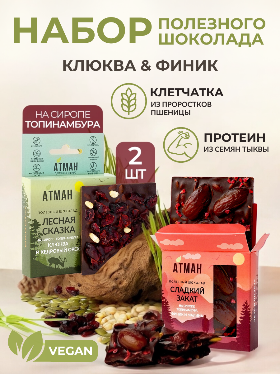 Набор шоколада на топинамбуре финик клюква, 2 шт. с малиной и кедровым орехом ПП шоколад