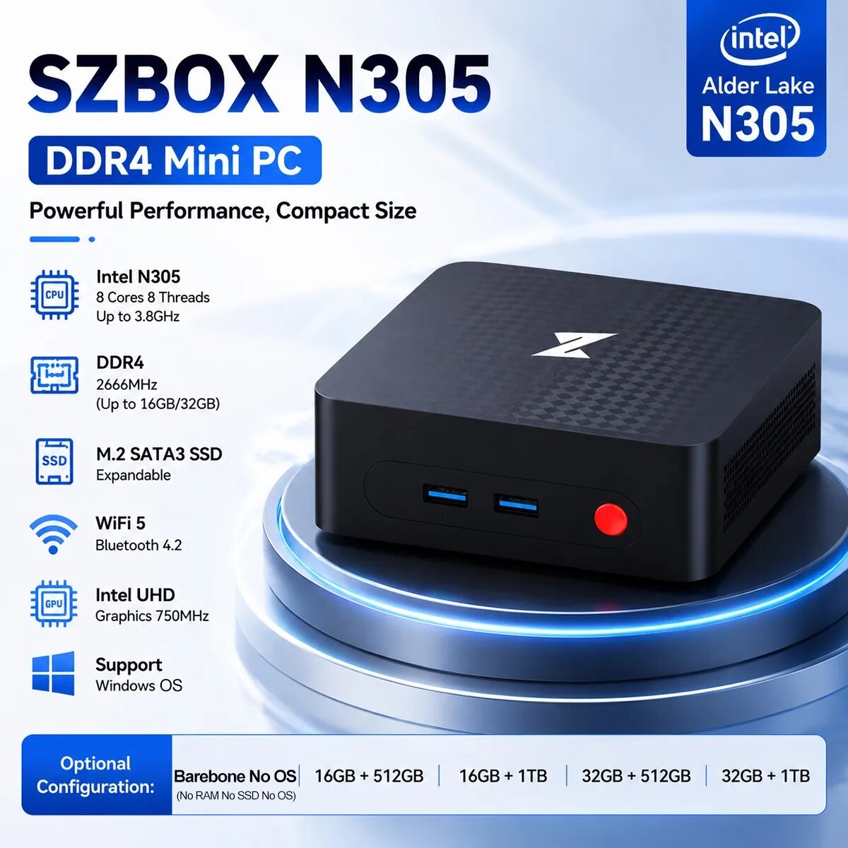 Мини-ПК SZBOX Intel N305 12-го поколения 8-ядерный
