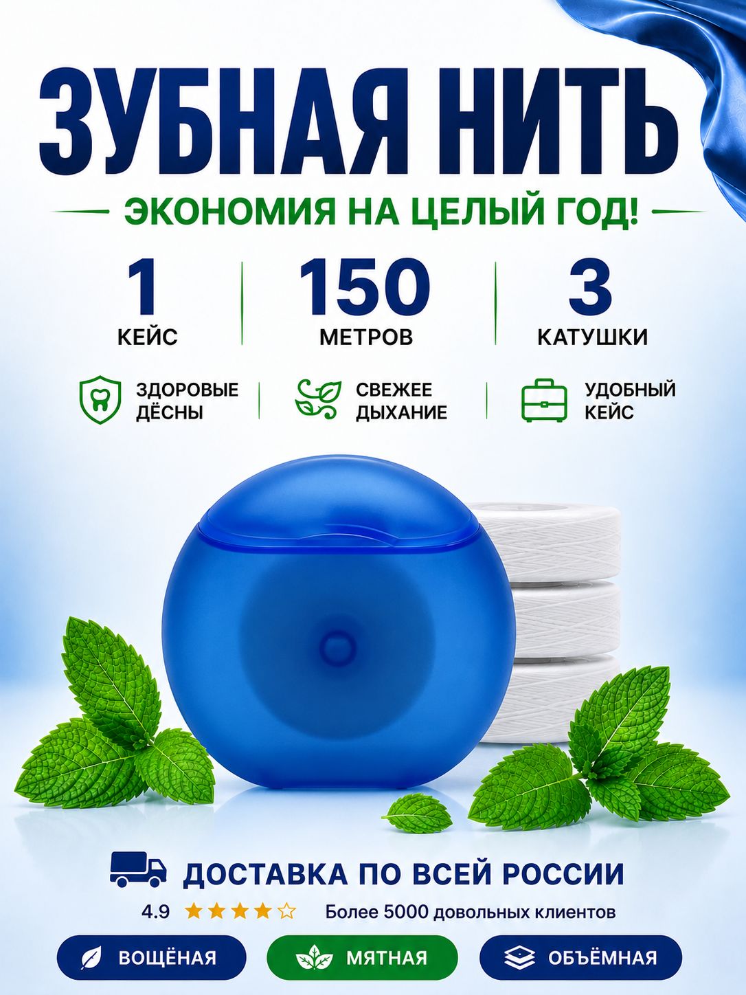 Зубная нить: 3 катушки по 50м с кейсом. Объемная, вощеная, вкус мята, зубная нить и флоссеры для очистки межзубных