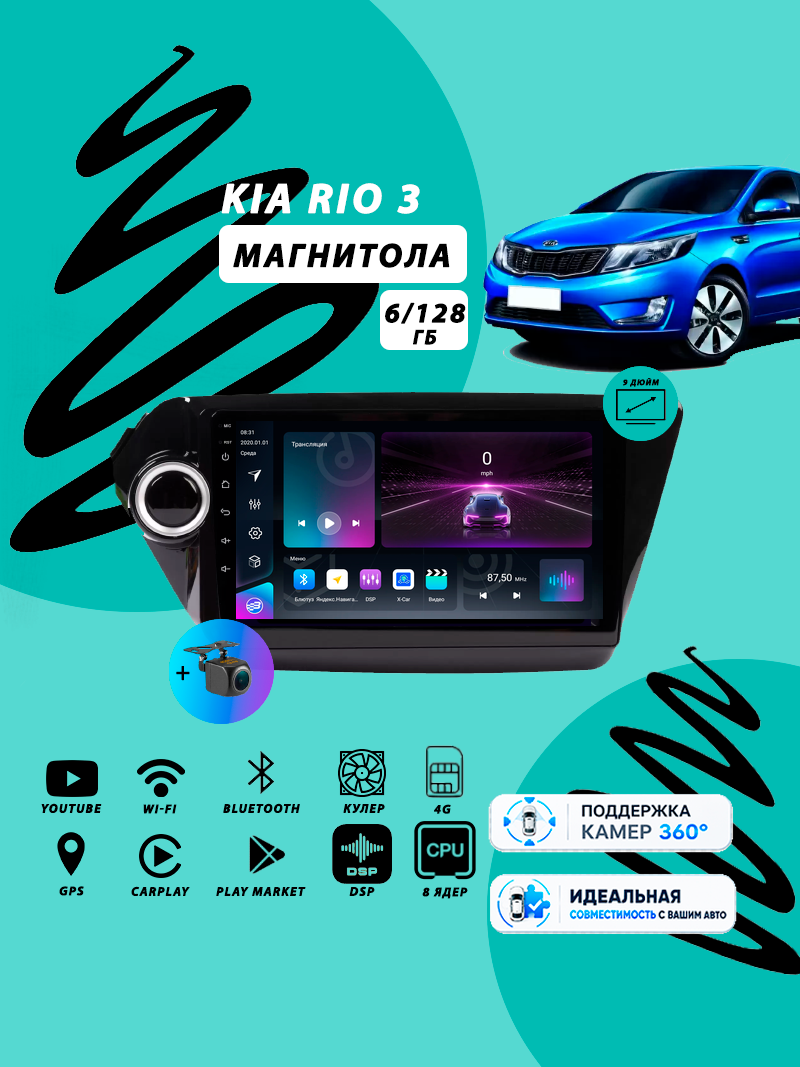 Магнитола Киа Рио 3 (2011-2017) 6Гб+128Гб Android