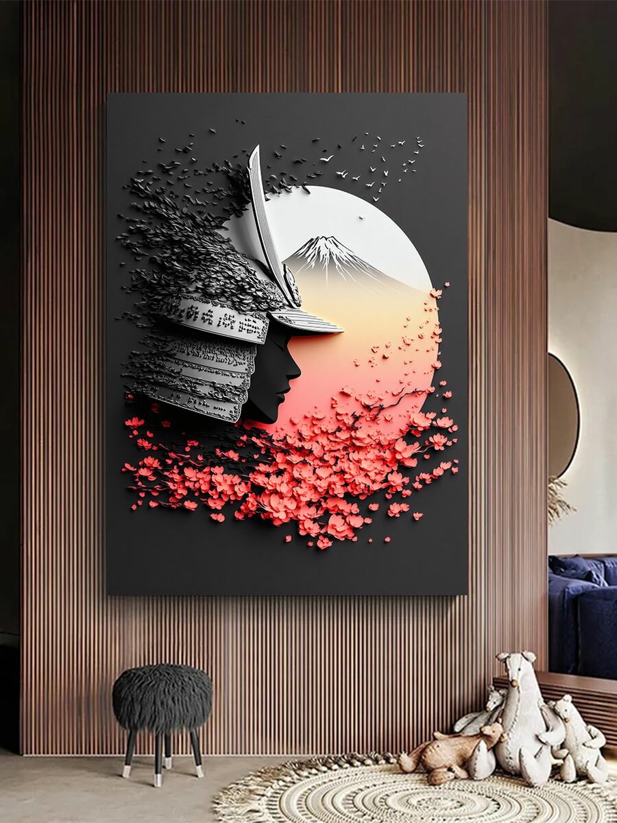 Картина на холсте - "Японский стиль / Самурай и сакура" , 30х40 см.