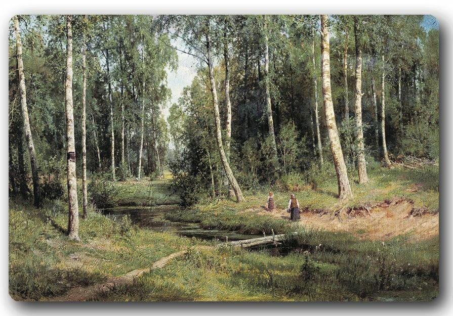 Репродукция/Картина/Шишкин "Ручей в берёзовом лесу"/Интерьерная фреска на доске/30х20 см