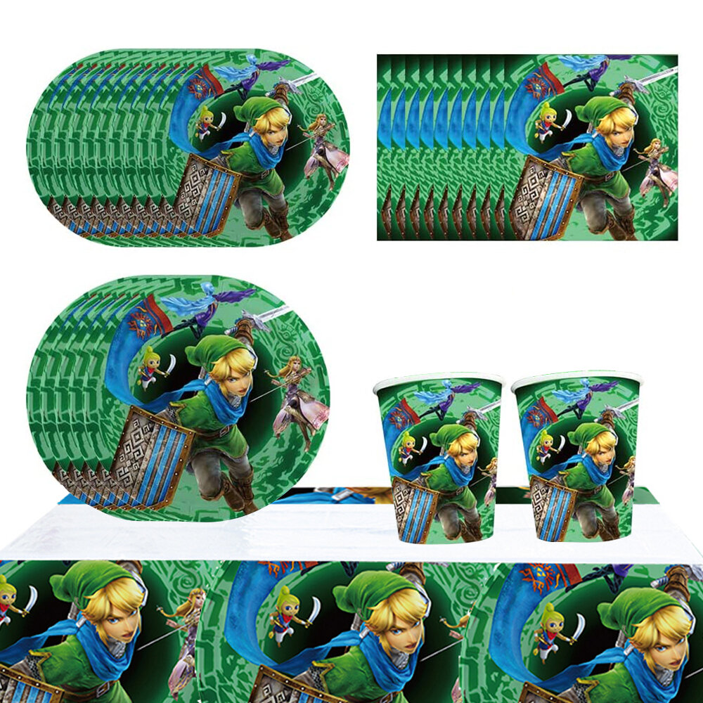 Столовые принадлежности для вечеринки «Легенда о Зельде» включают баннер, скатерть, тарелки и салфетки