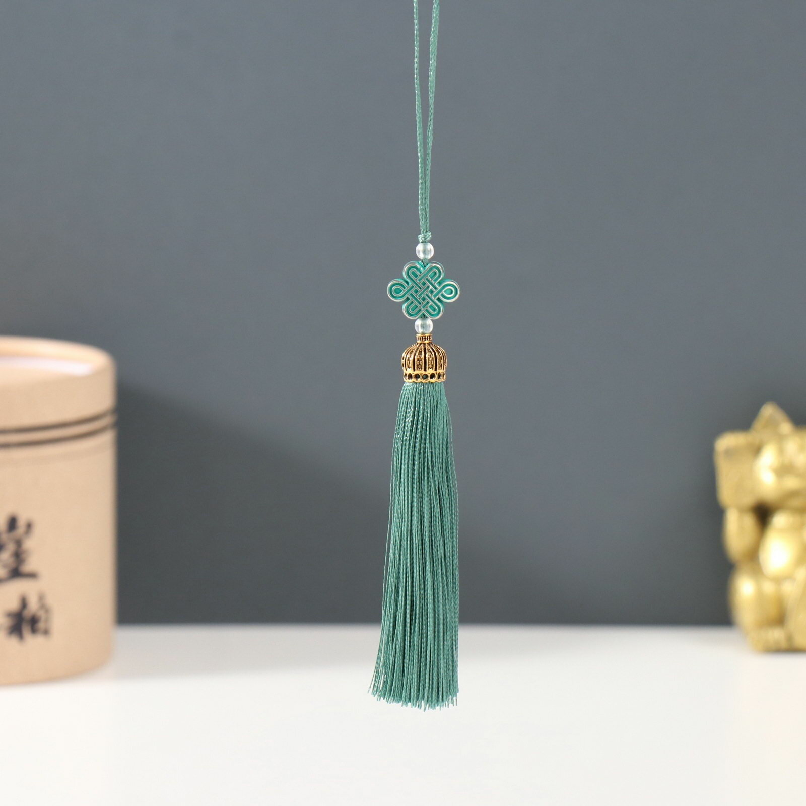 Подвеска текстиль, пластик "Узел счастья и бесконечности", зелёный, 0.7x1x9.5 см, 5 шт.